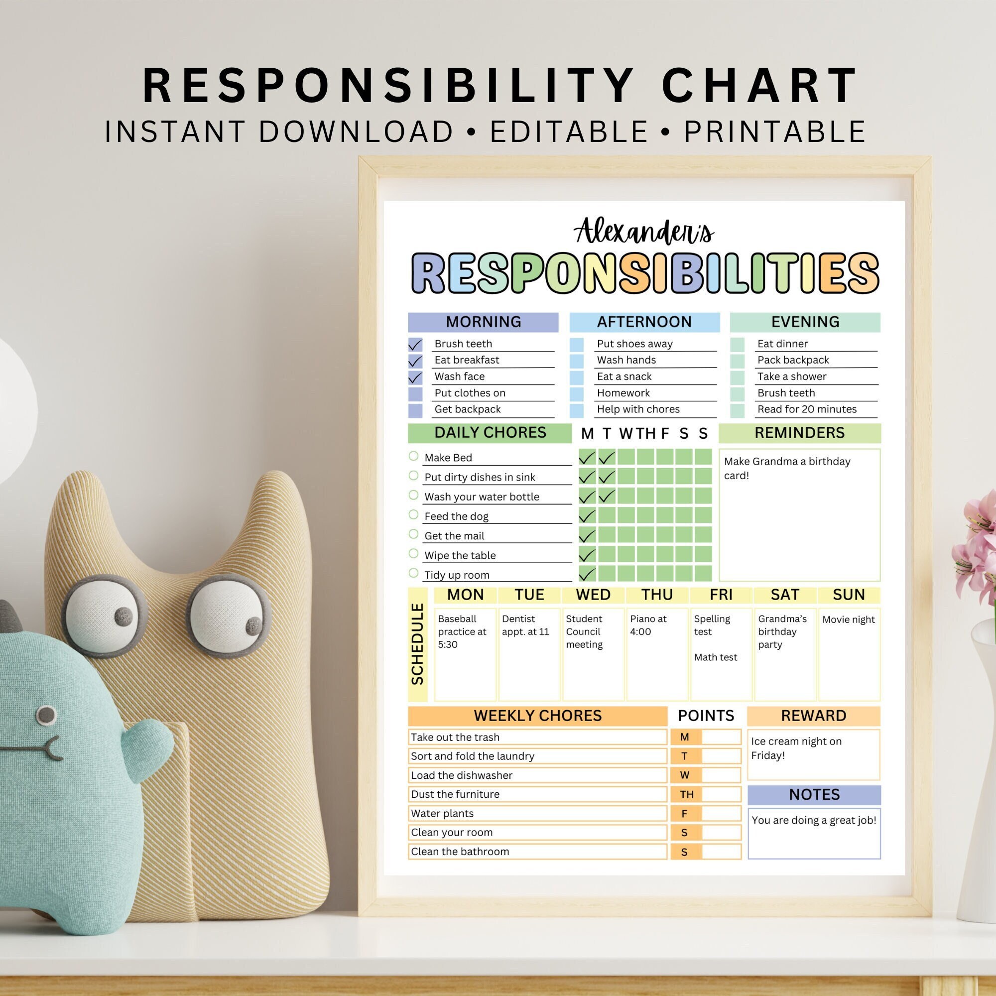 Responsibility Chart Editable Chore Chart for Kids Daily Chores Weekly ...