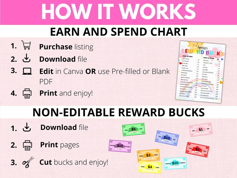 Rainbow Reward Chart of Kids Editable Kids Reward Bucks PRINTABLE ...