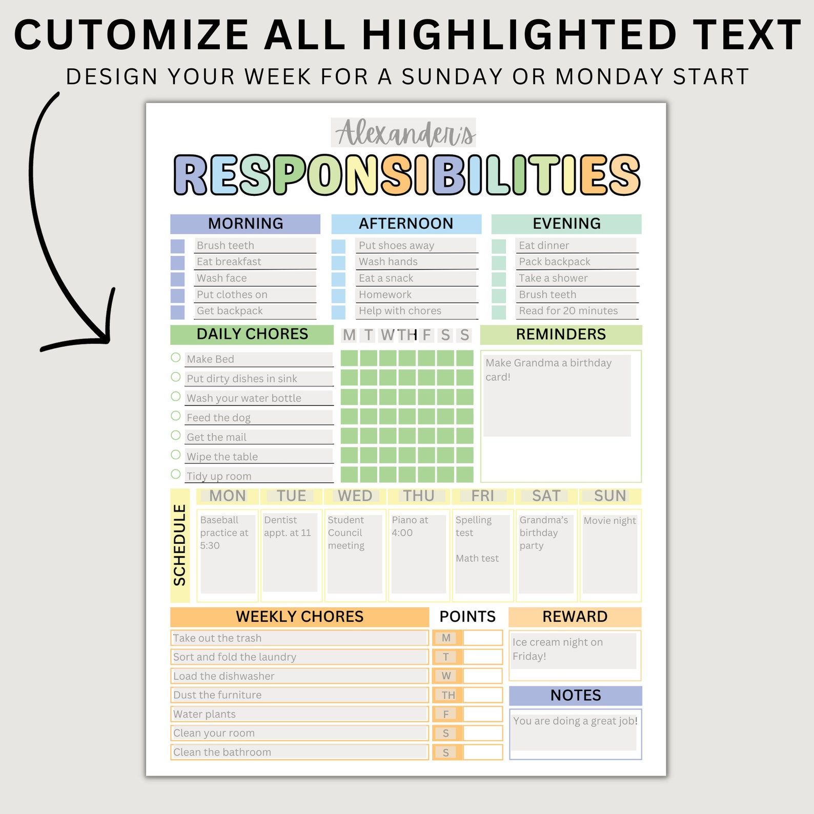 Responsibility Chart Editable Chore Chart for Kids Daily Chores Weekly ...
