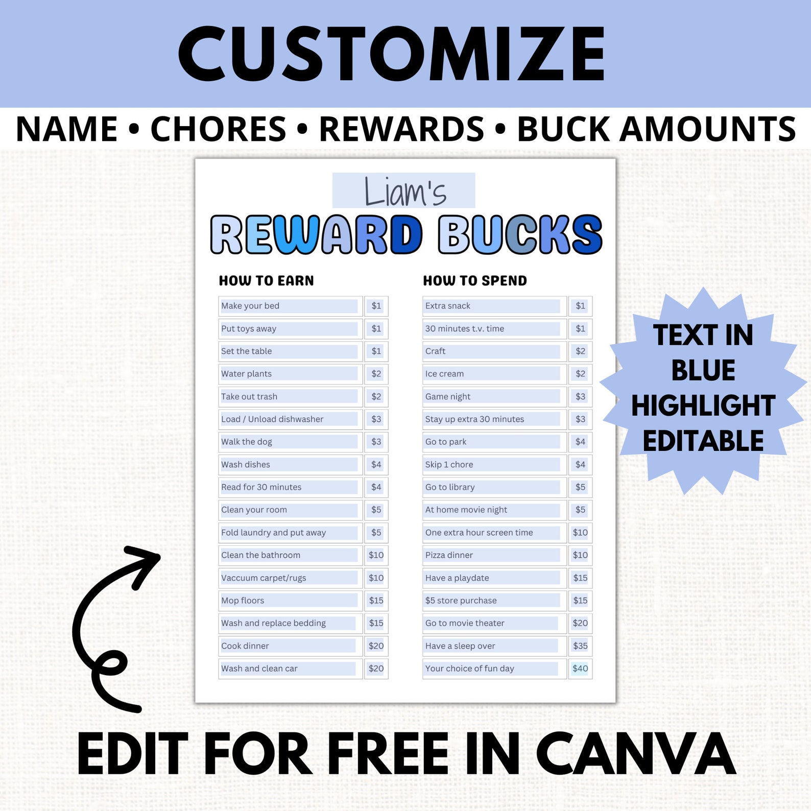 Editable Kids Rewards Bucks PRINTABLE Reward Chart for Kids Reward ...