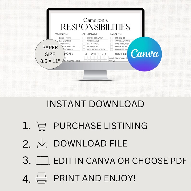 Responsibility Chart for Kids Chore Chart EDITABLE Reward Chart Daily ...