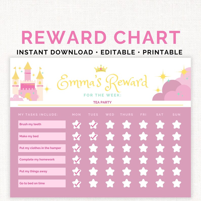Personalized Princess Reward Chart, Editable Kids Chore Chart (digital ...