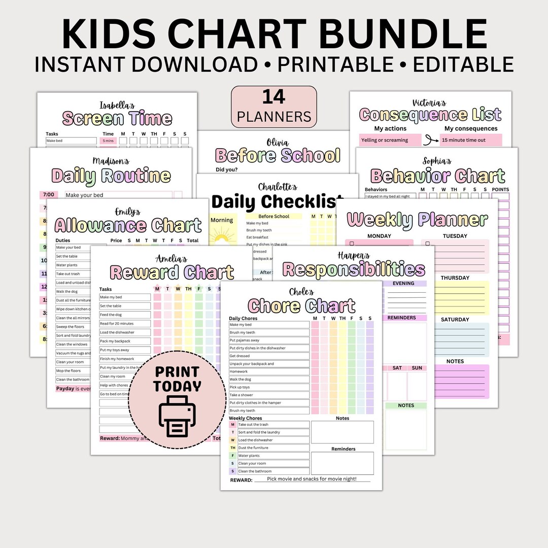 Editable Chore Charts for Kids Responsibility Chart School Routines ...