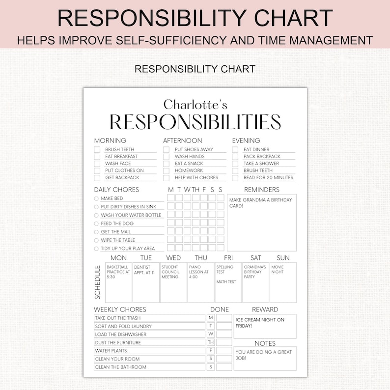 Chore Charts for Kids Editable Teen Responsibility Chart School ...