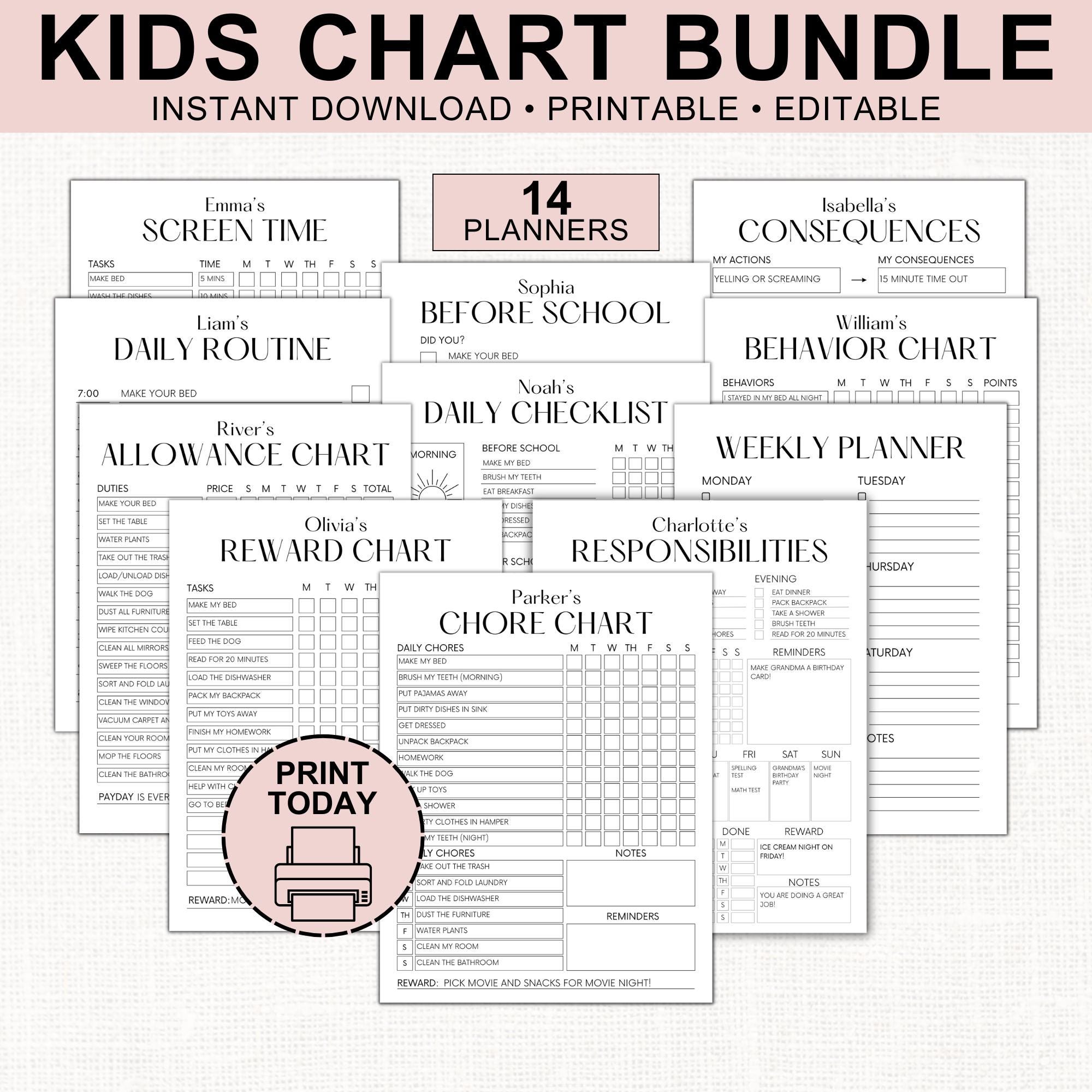 Chore Charts for Kids Editable Teen Responsibility Chart School ...