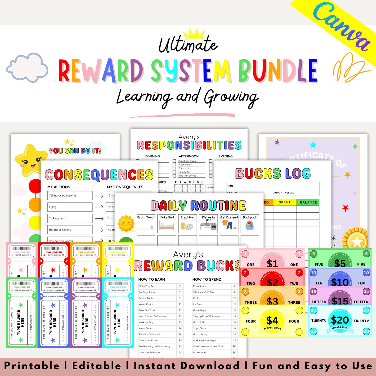 Kids Reward System Printable Behavior Chart Chore Chart Routine Tracker ...
