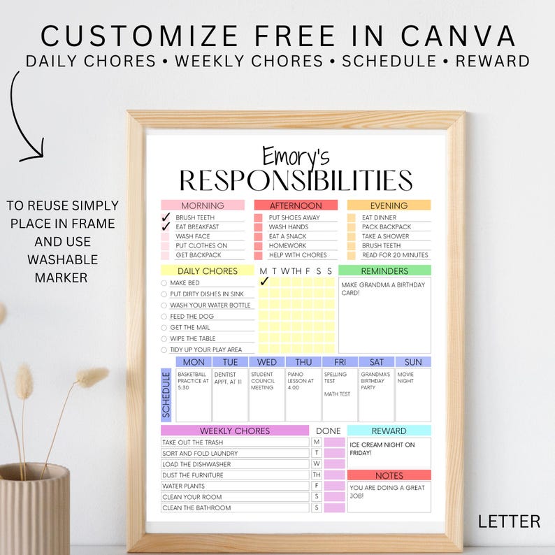 Responsibility Chart for Kids Chore Chart Teen EDITABLE Reward Chart ...
