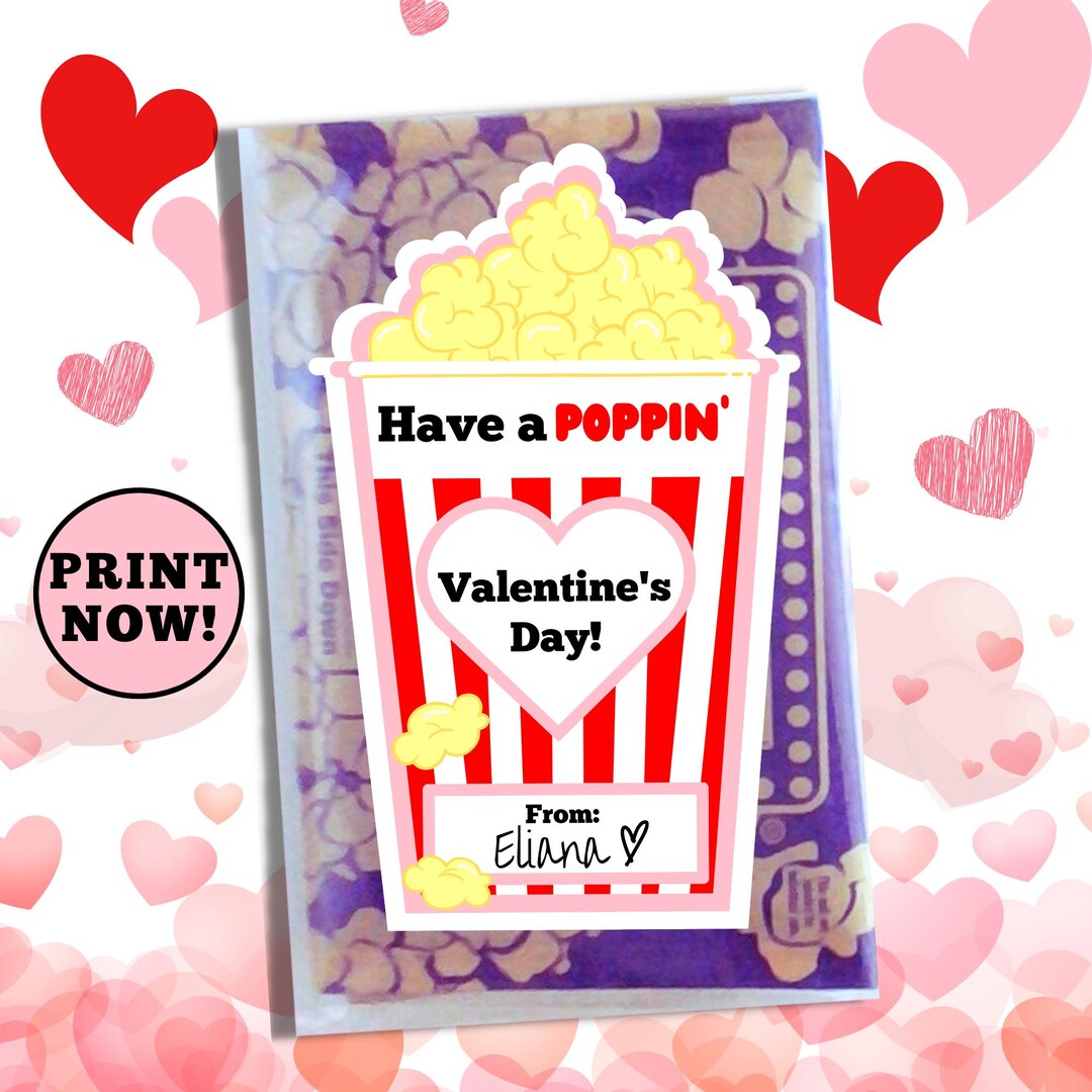 Kids Valentine Popcorn Tag, Printable Valentine's Day Card, School ...