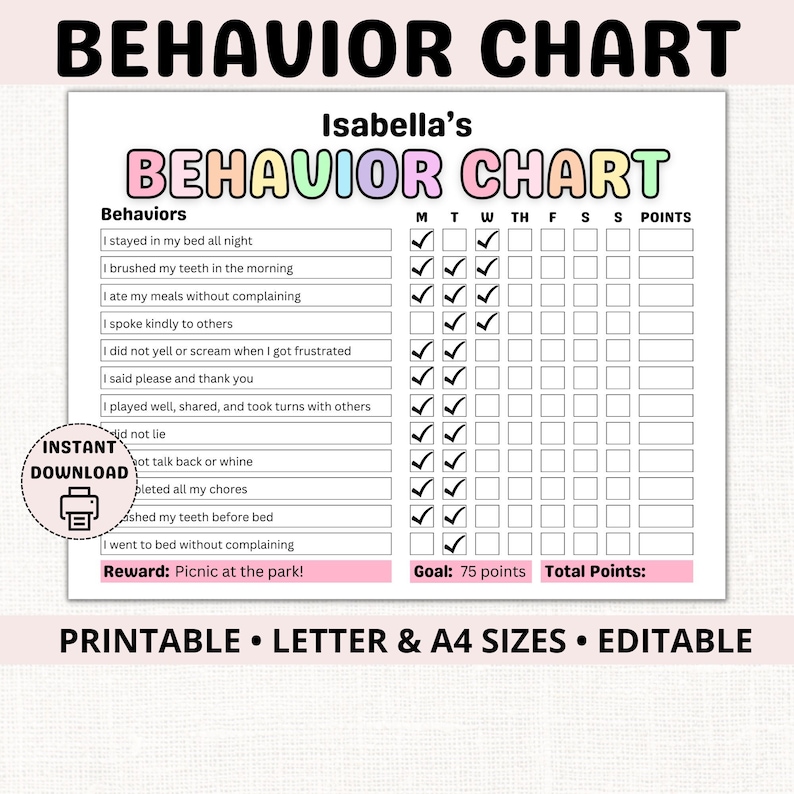 Kids Behavior Reward Chart PRINTABLE Behavior Tracker Behavior ...