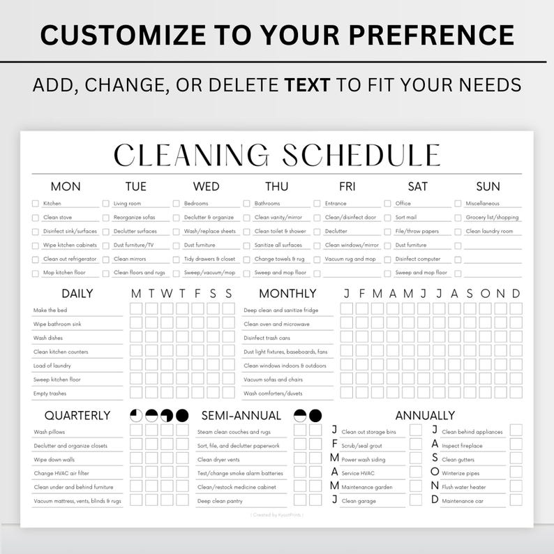 EDITABLE Cleaning Schedule PRINTABLE Cleaning Household Adult Chore ...