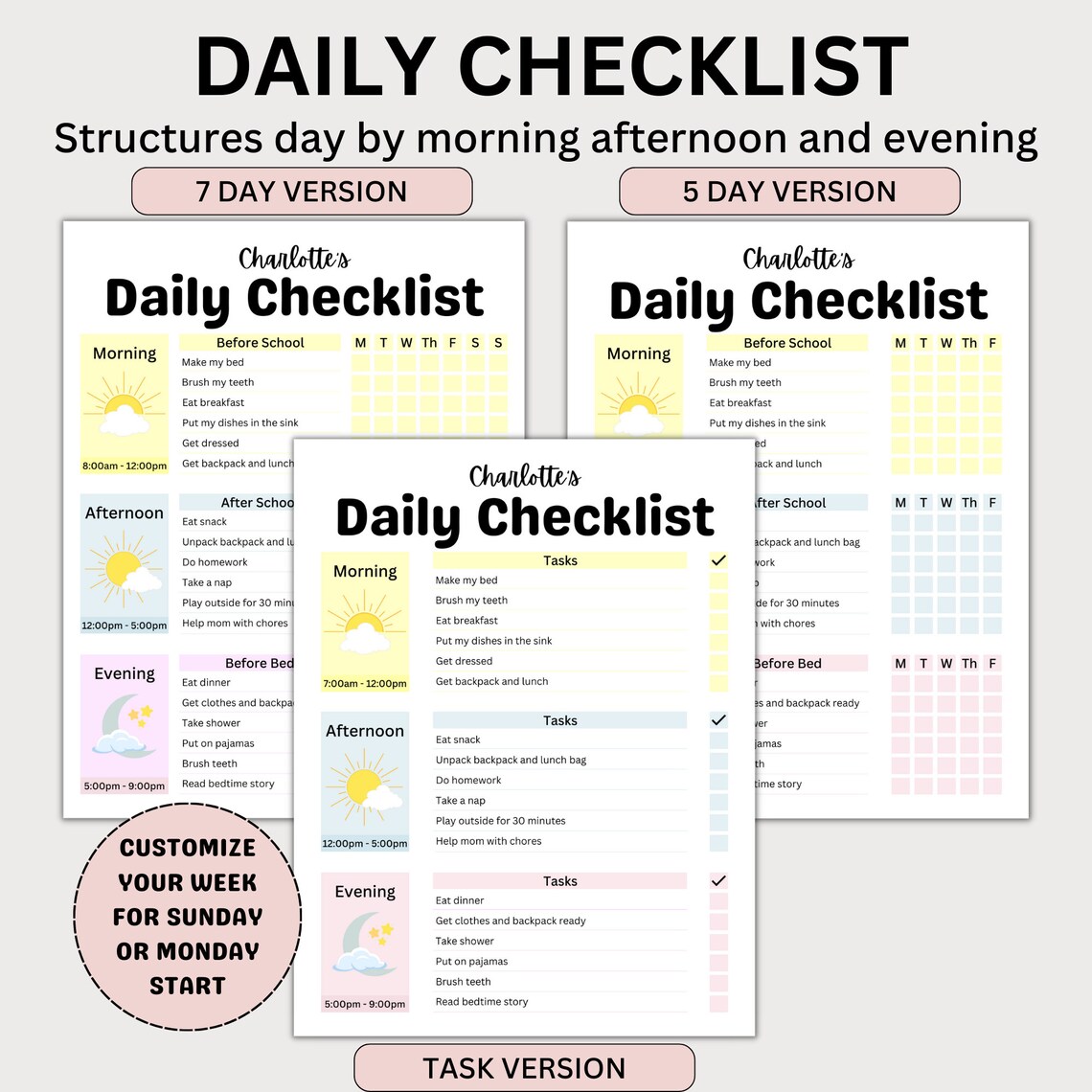 Chore Charts for Kids Editable Responsibility Chart School Routine ...
