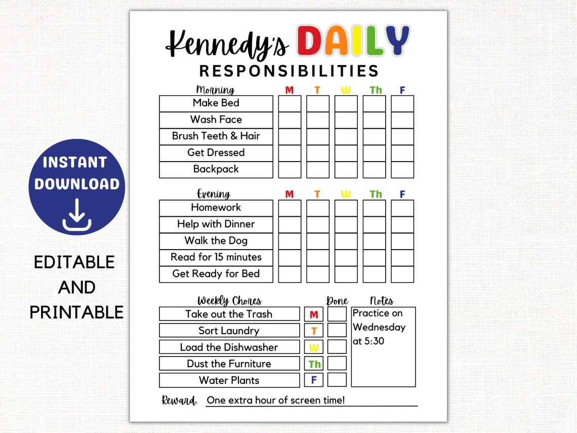 EDITABLE Chore Chart for Kids Responsibility Chart Kids Daily Checklist ...