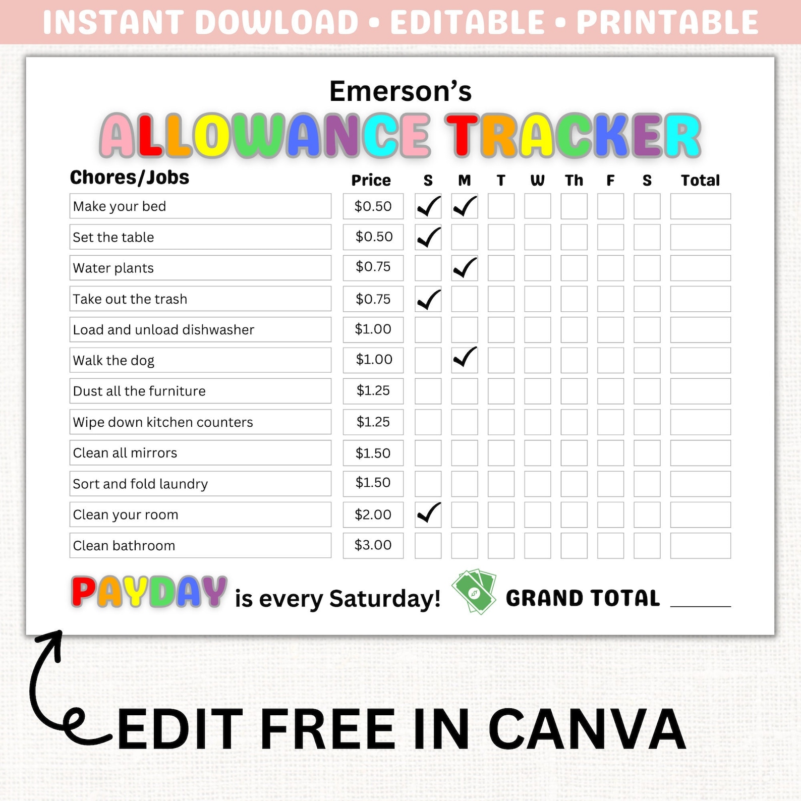 How to Earn Money Chart for Kids Allowance Tracker EDITABLE Allowance ...