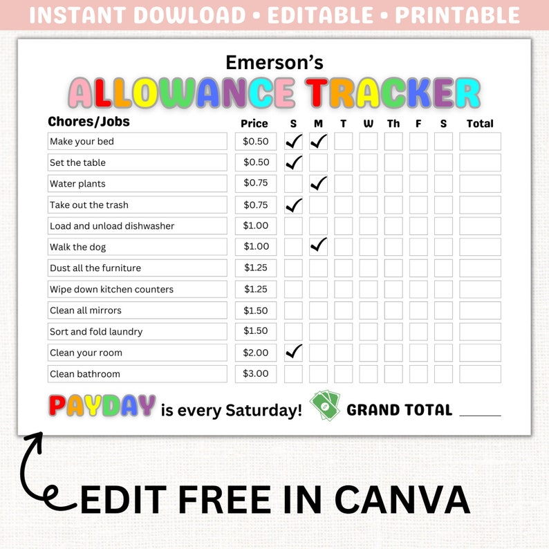 How to Earn Money Chart for Kids Allowance Tracker EDITABLE Allowance ...