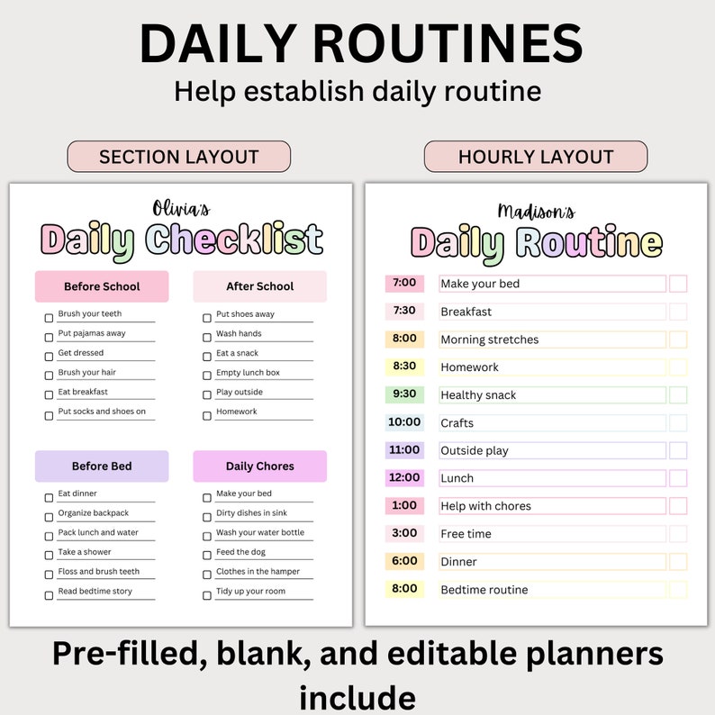 Chore Charts for Kids Editable Responsibility Chart School Routine ...