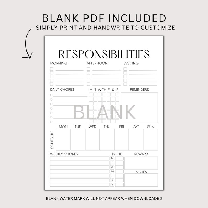 Responsibility Chart for Kids Chore Chart EDITABLE Reward Chart Daily ...