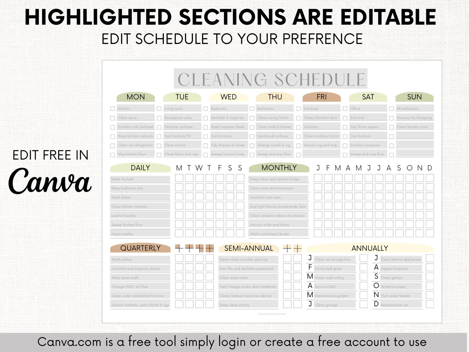 EDITABLE Adult Cleaning Schedule PRINTABLE Cleaning List Household ...