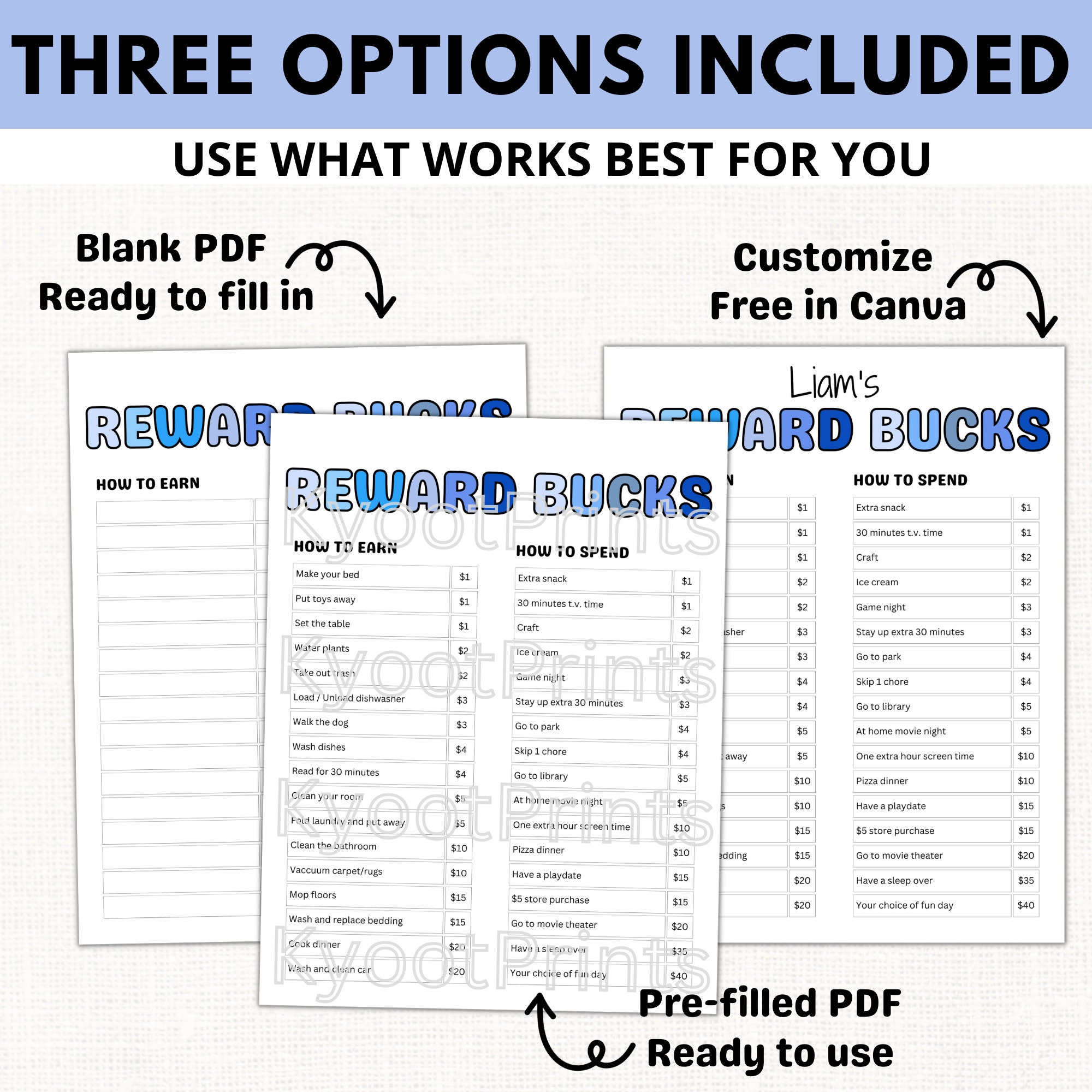 Editable Kids Rewards Bucks PRINTABLE Reward Chart for Kids Reward ...