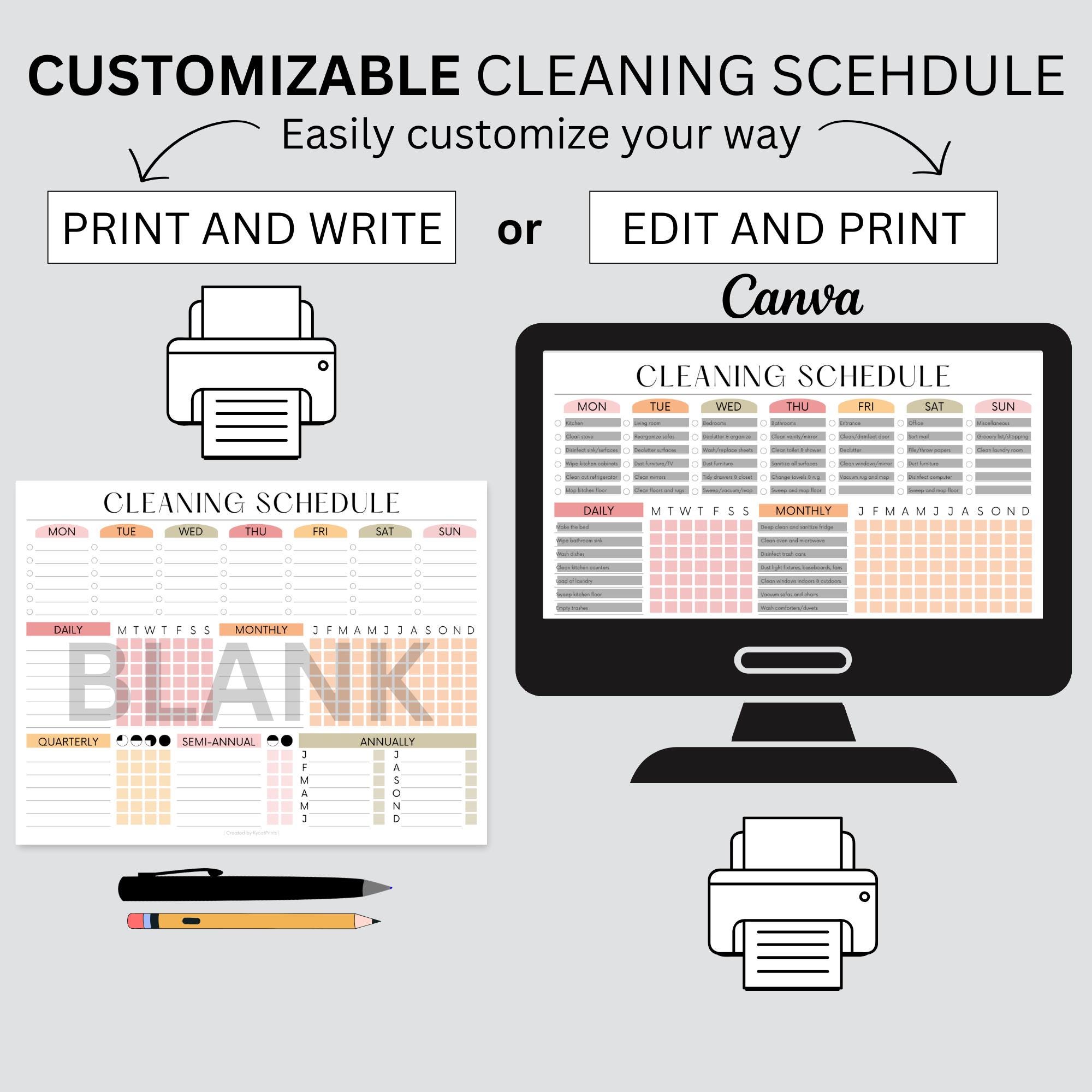EDITABLE Cleaning Schedule PRINTABLE Cleaning List Household Chore ...