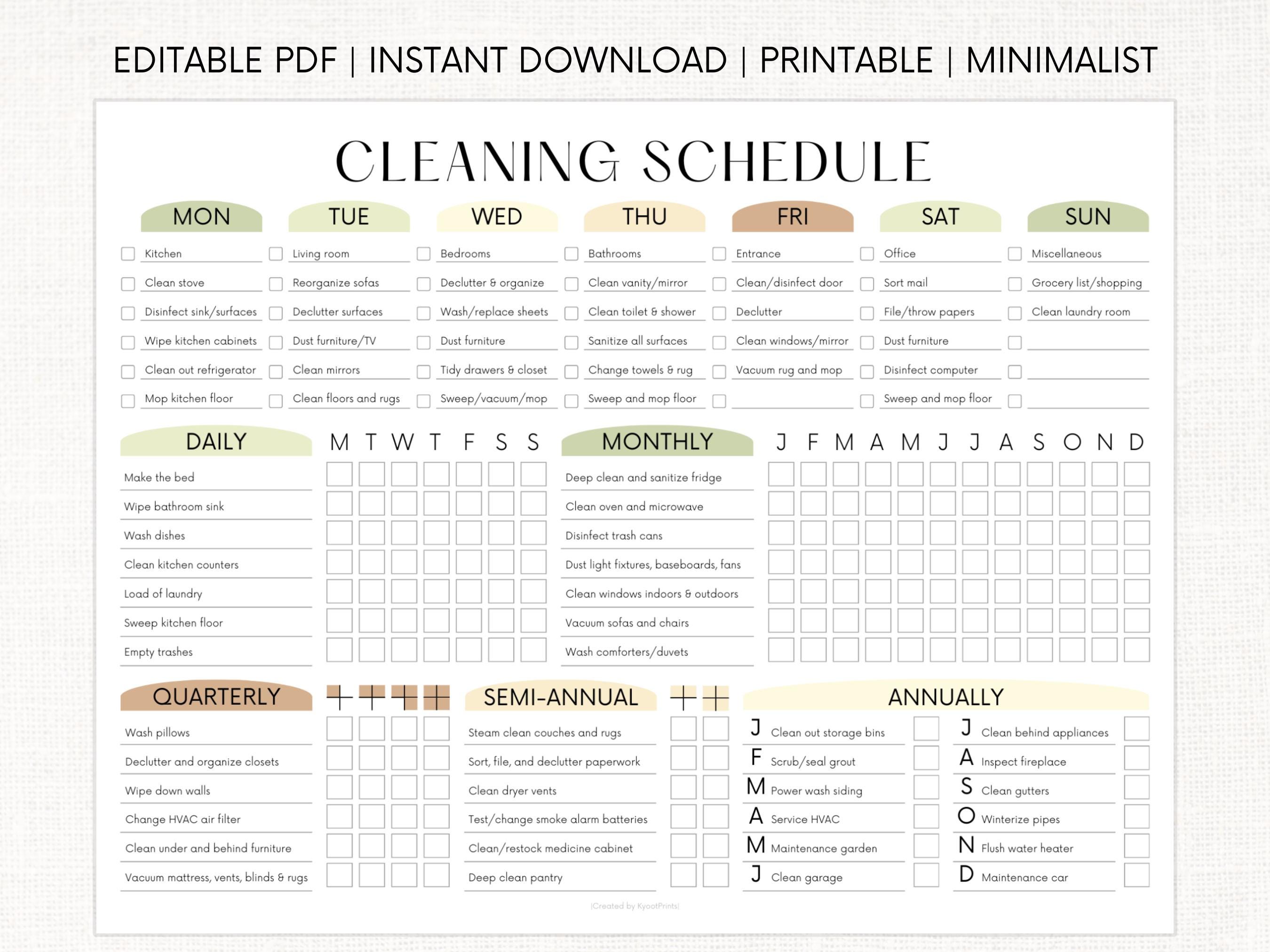 EDITABLE Cleaning Schedule PRINTABLE Cleaning List Household Chore ...