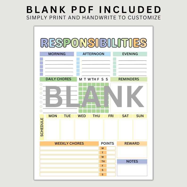 Responsibility Chart Editable Chore Chart for Kids Daily Chores Weekly ...