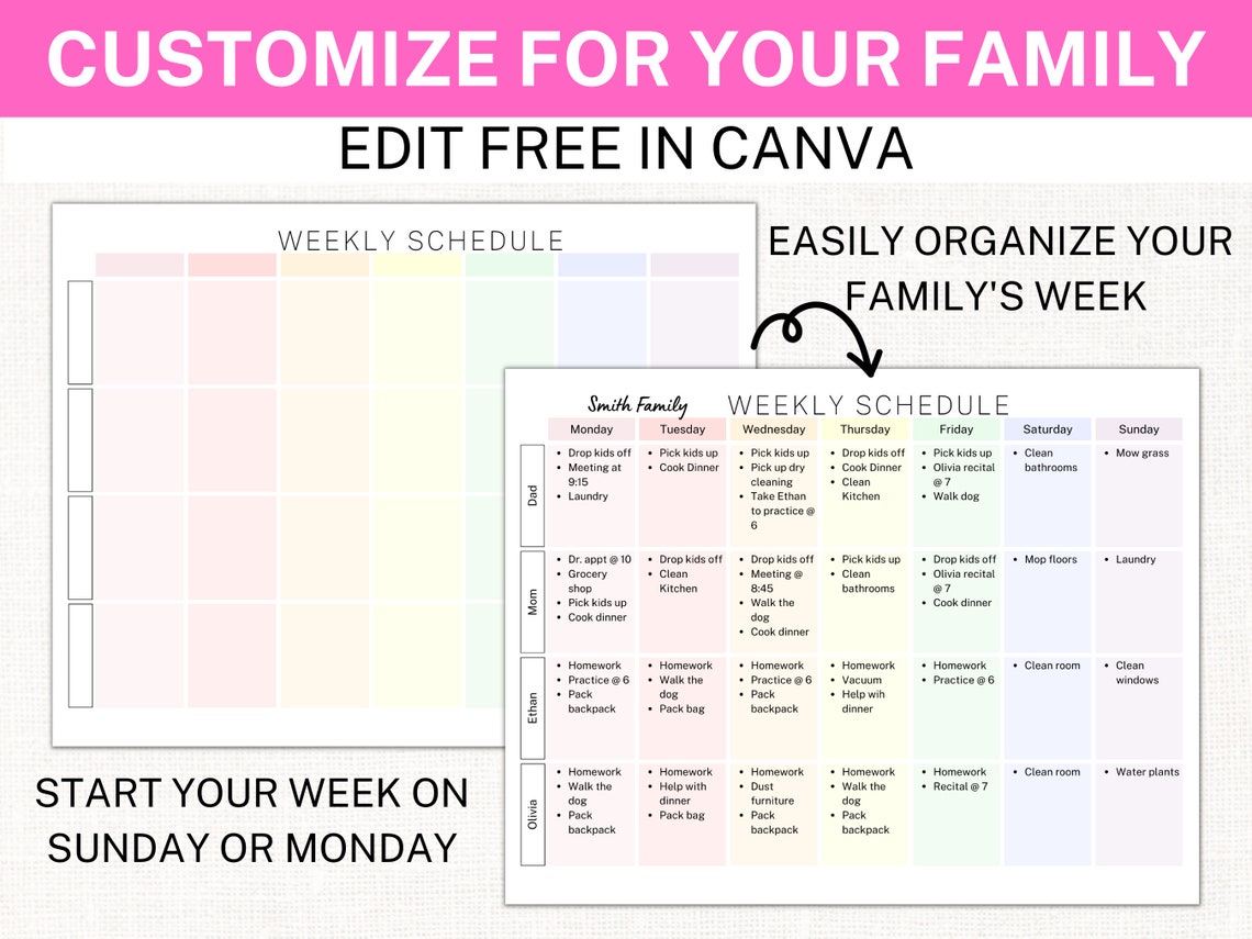 Family Chore Chart Printable Family Planner Editable Weekly Schedule ...