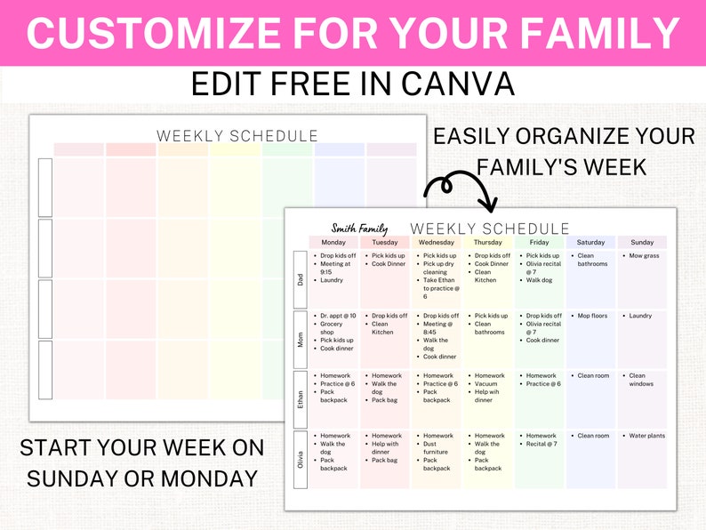 Family Chore Chart Printable Family Planner Editable Weekly Schedule ...