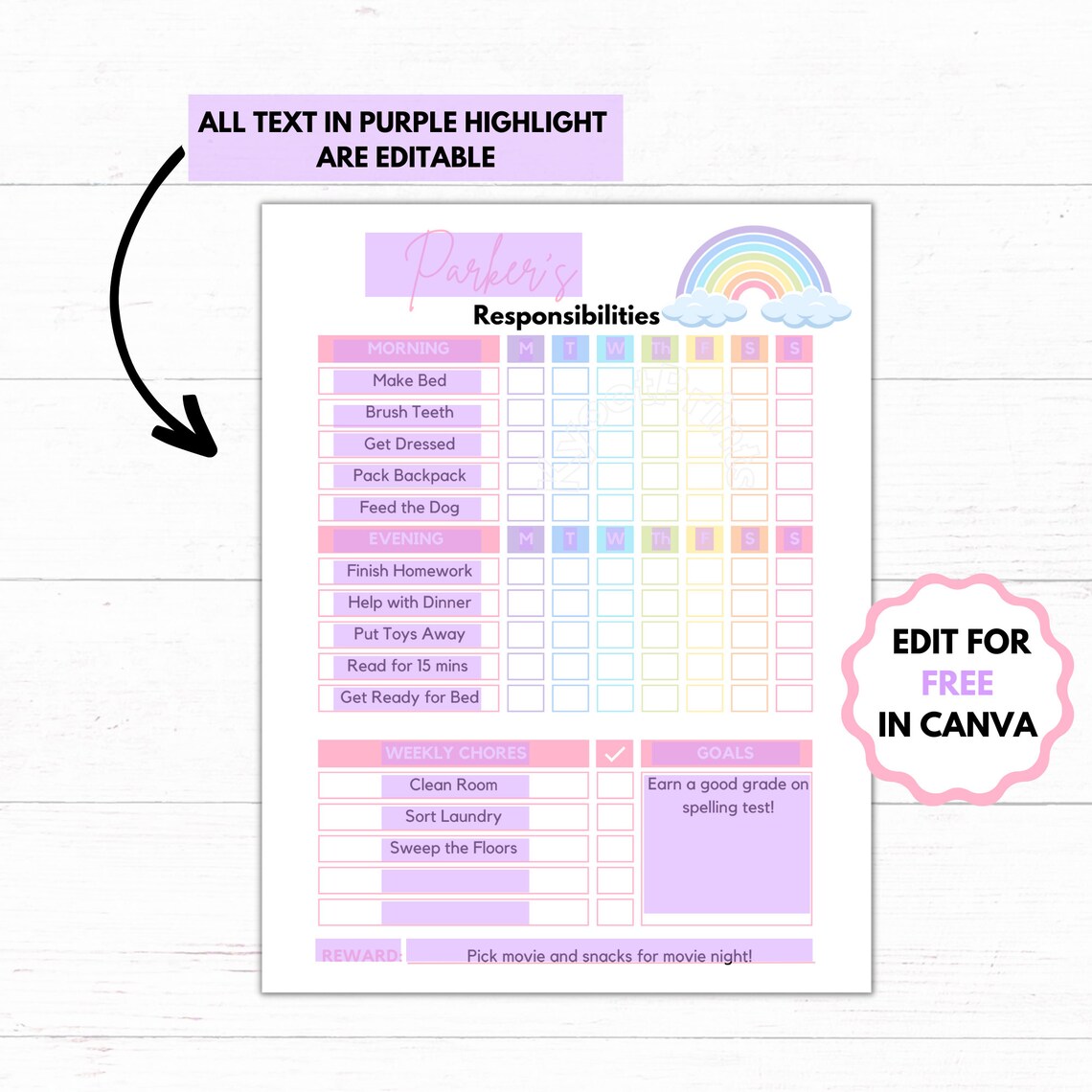 Chore Chart for Kids Responsibility Chart Printable Kid's Chores ...