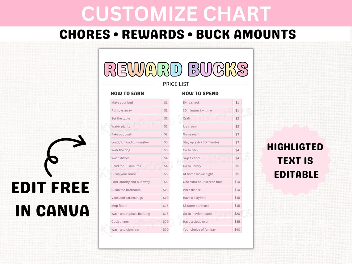 Editable Kids Reward Bucks Printable Reward Chart for Kids Reward ...