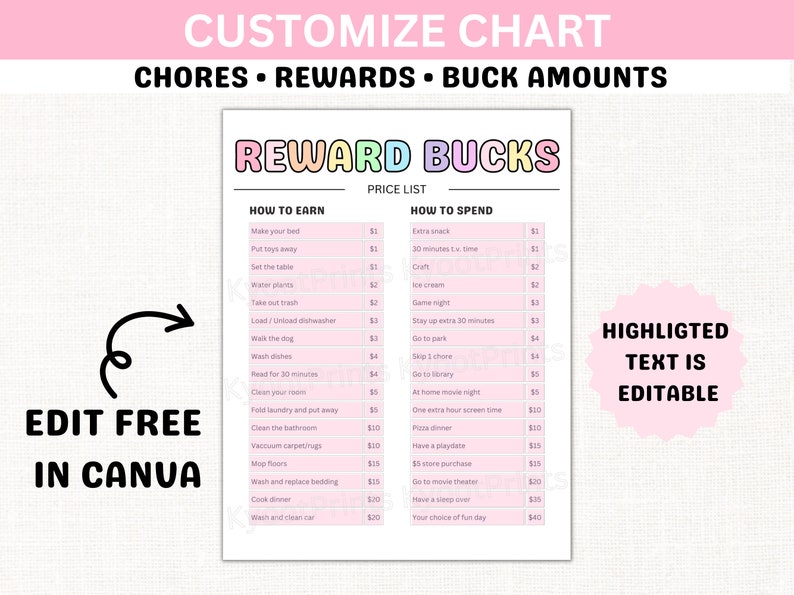 Editable Kids Reward Bucks Printable Reward Chart for Kids Reward ...