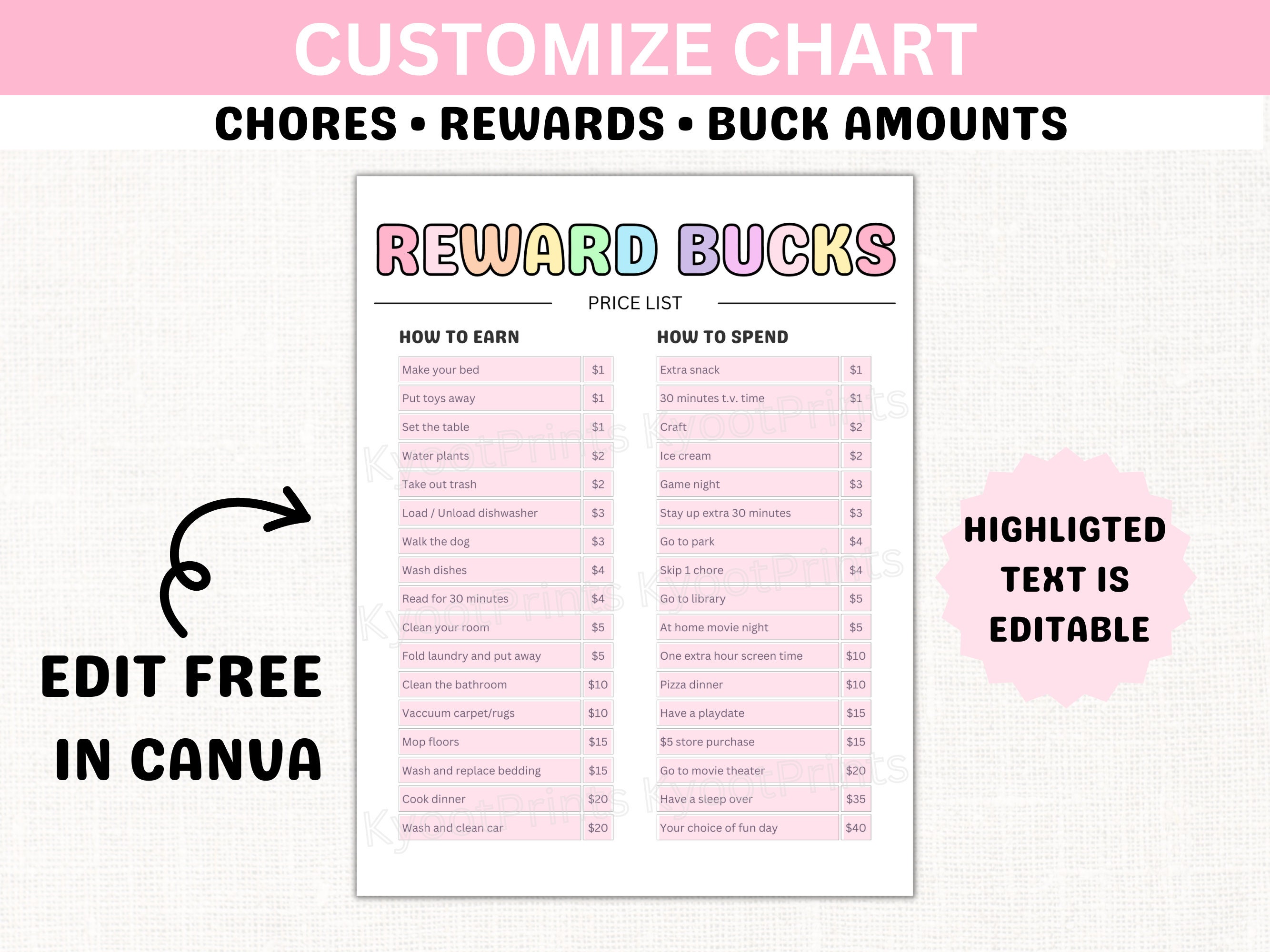 Editable Kids Reward Bucks Printable Reward Chart for Kids Reward ...