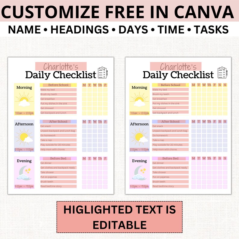 Kids Daily Checklist EDITABLE Kids Daily Chore Chart PRINTABLE Kids ...