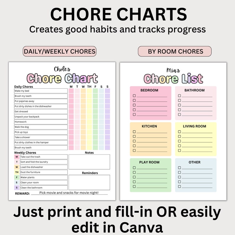 Chore Charts for Kids Editable Responsibility Chart School Routine ...