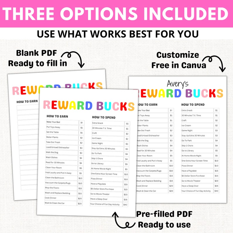 Editable Kids Reward Bucks PRINTABLE Reward Chart for Kids Reward ...