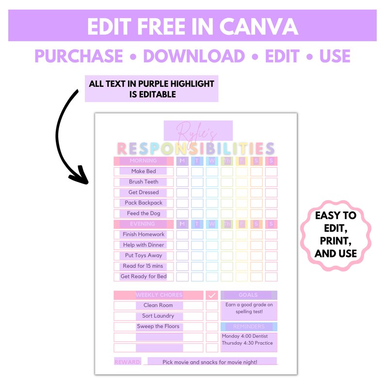 Chore Chart for Kids Responsibility Chart Printable Kid's Chores ...