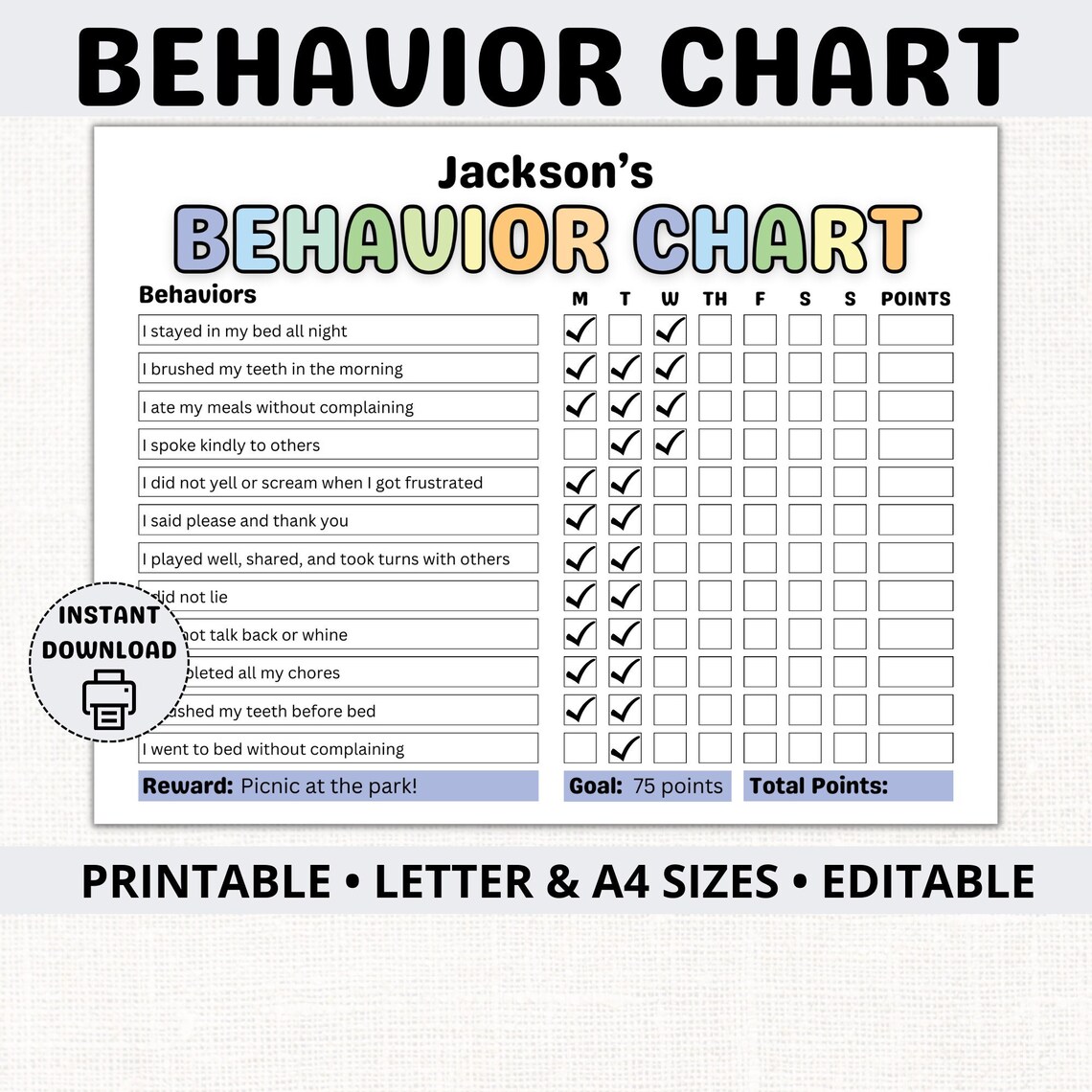Kids Behavior Reward Chart Printable Behavior Tracker Behavior ...