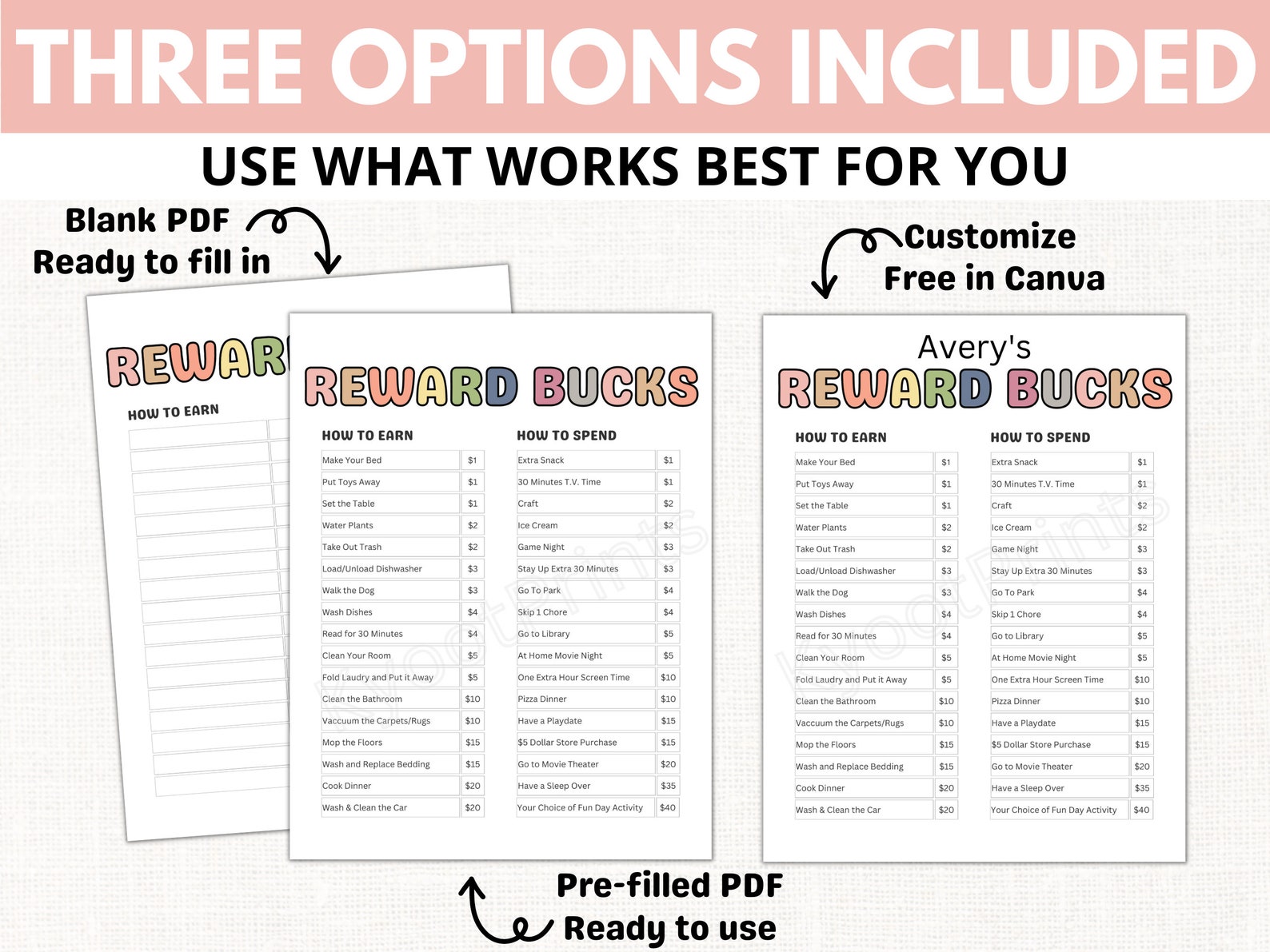 Editable Kids Reward Bucks PRINTABLE Reward Chart for Kids Reward ...