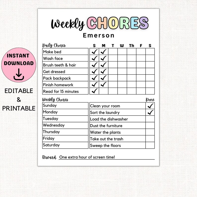 Chore Chart for Kids PRINTABLE Kid's Chore Chart EDITABLE Chore Chart ...