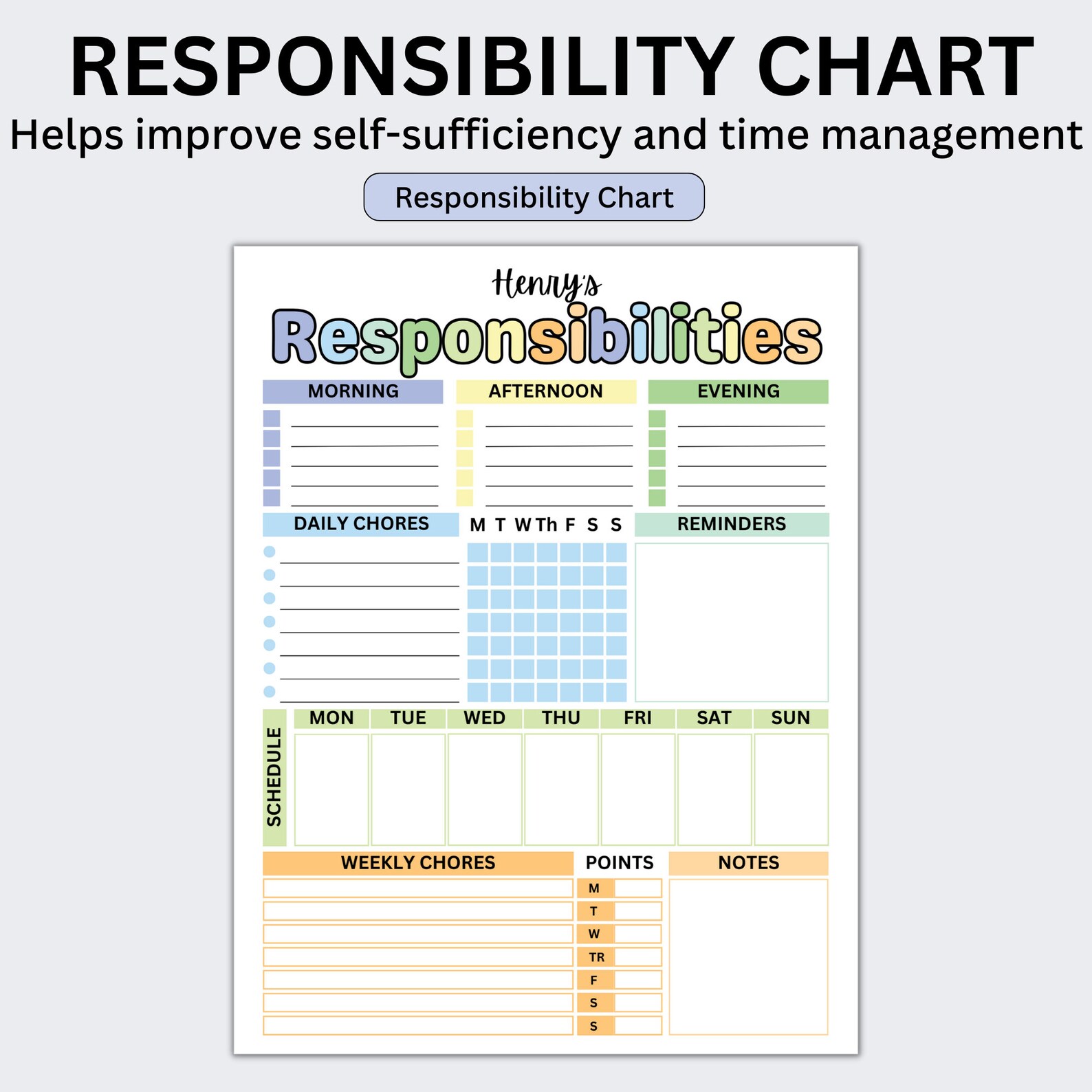 Chore Charts for Kids Editable Responsibility Chart School Routine ...