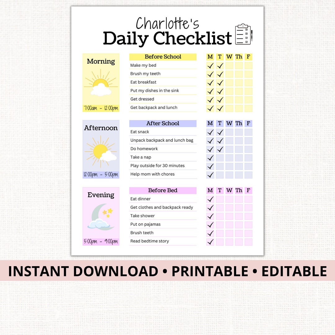 Kids Daily Checklist EDITABLE Kids Daily Chore Chart PRINTABLE Kids ...