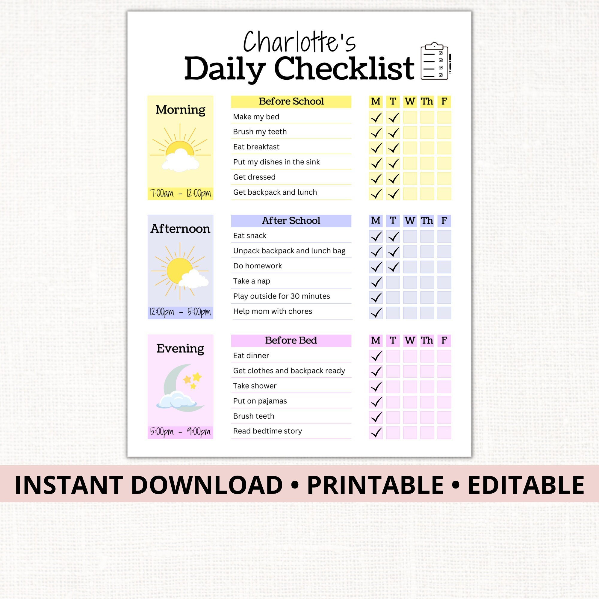 Kids Daily Checklist EDITABLE Kids Daily Chore Chart PRINTABLE Kids ...