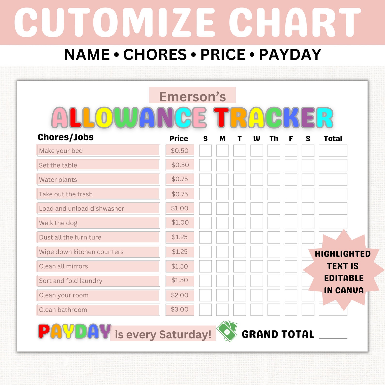 How to Earn Money Chart for Kids Allowance Tracker EDITABLE Allowance ...