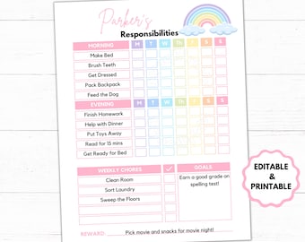 Printable Kids Responsibility Chore Chart | Reward Chart- Daily ...