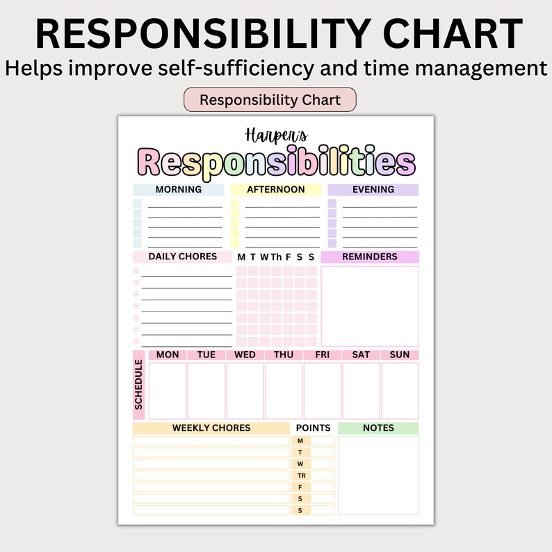 Chore Charts for Kids Editable Responsibility Chart School Routine ...
