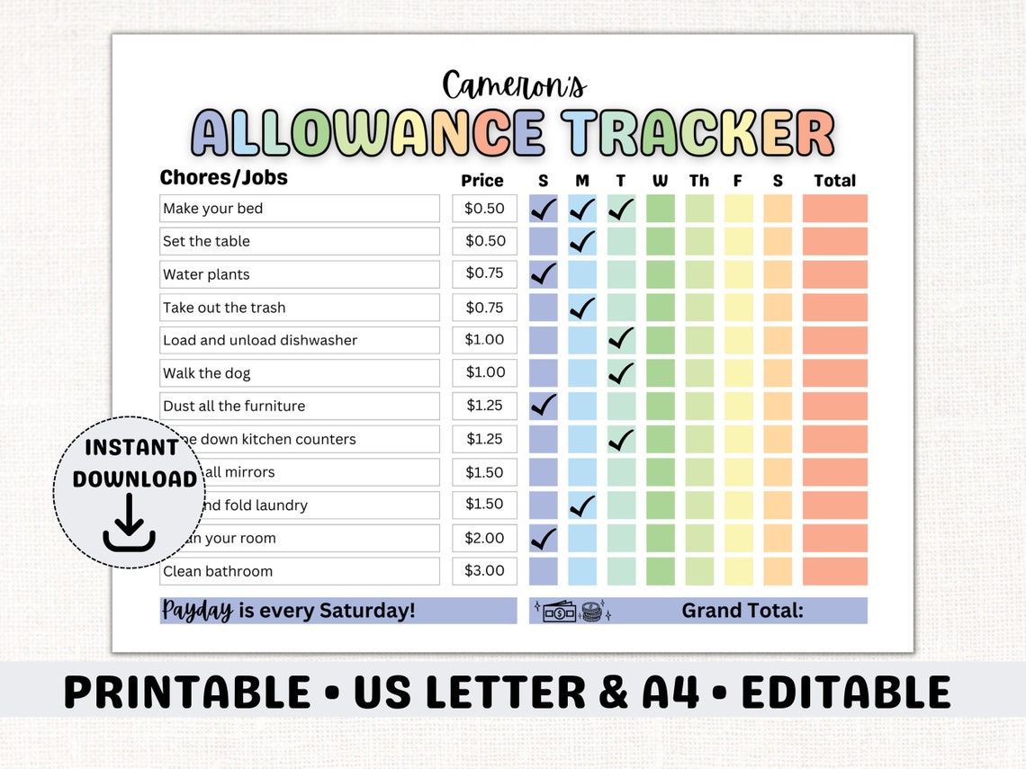 Allowance Tracker for Kids How to Earn Money Chart EDITABLE Allowance ...