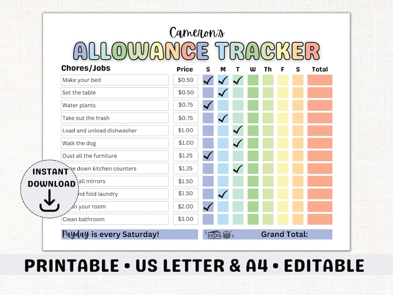 Allowance Tracker for Kids How to Earn Money Chart EDITABLE Allowance ...