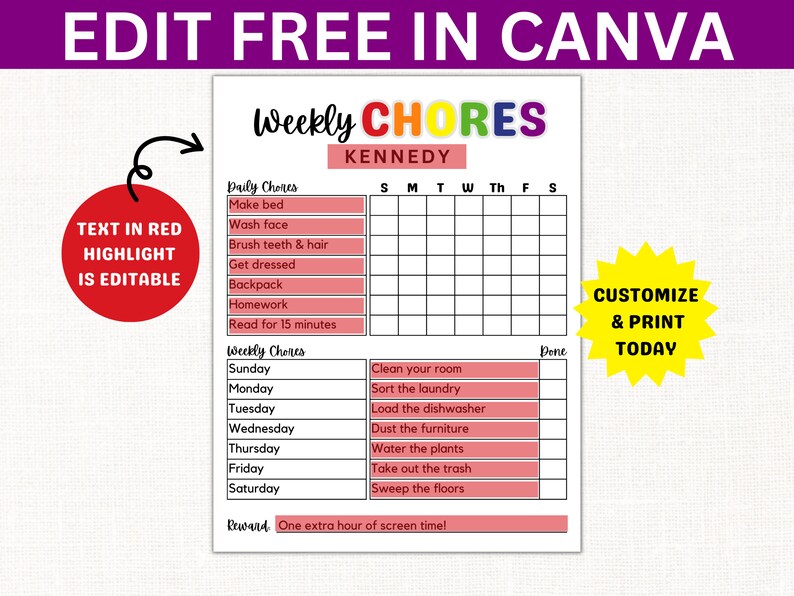Chore Chart for Kids Printable Kids Chore Chart Editable Chore Chart ...