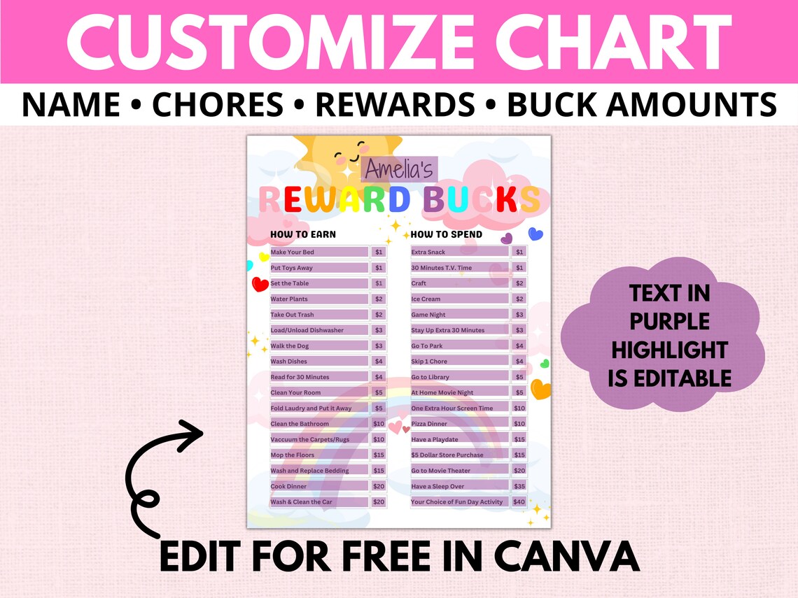 Rainbow Reward Chart of Kids Editable Kids Reward Bucks PRINTABLE ...