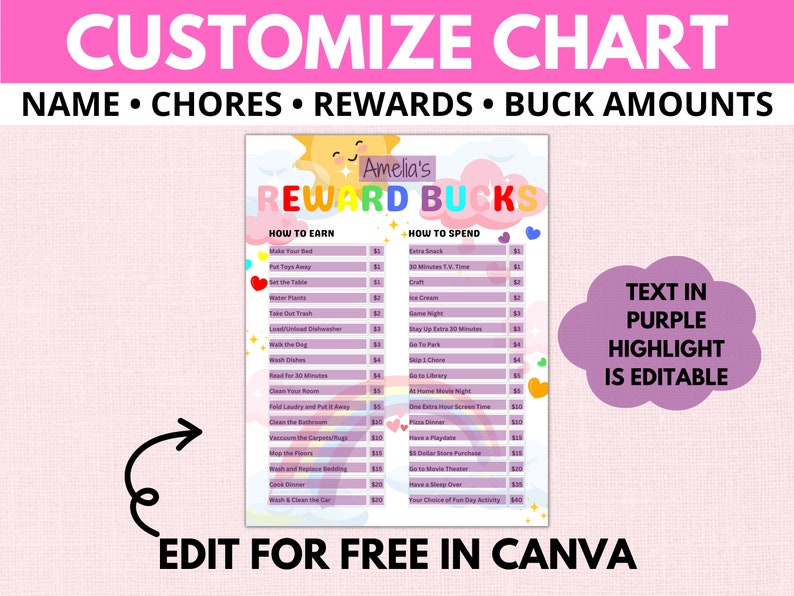 Rainbow Reward Chart of Kids Editable Kids Reward Bucks PRINTABLE ...