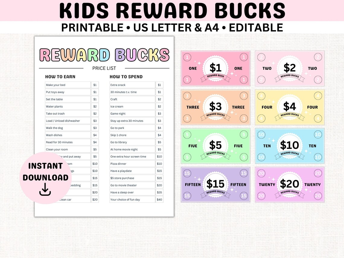 Editable Kids Reward Bucks Printable Reward Chart for Kids Reward ...